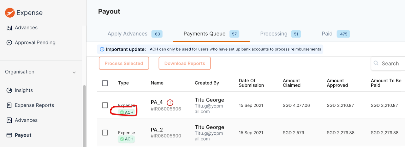 ACH Payments : Expense