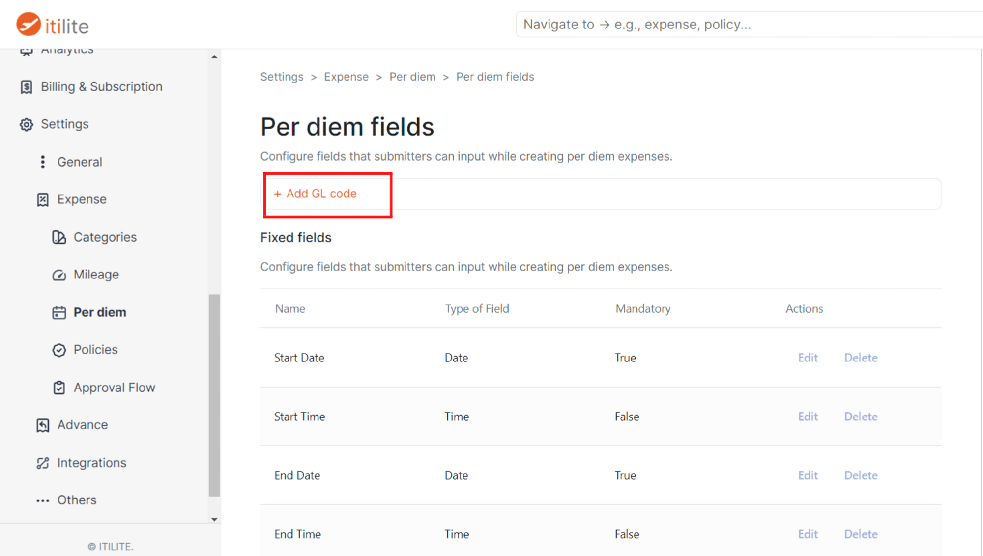 How can I configure GL code for per diem?